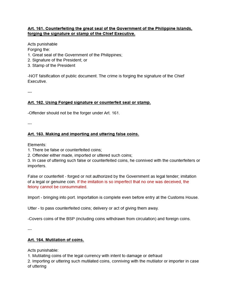 Criminal Law 2 Module 4 (Art. 161-169) | PDF | Forgery | Money