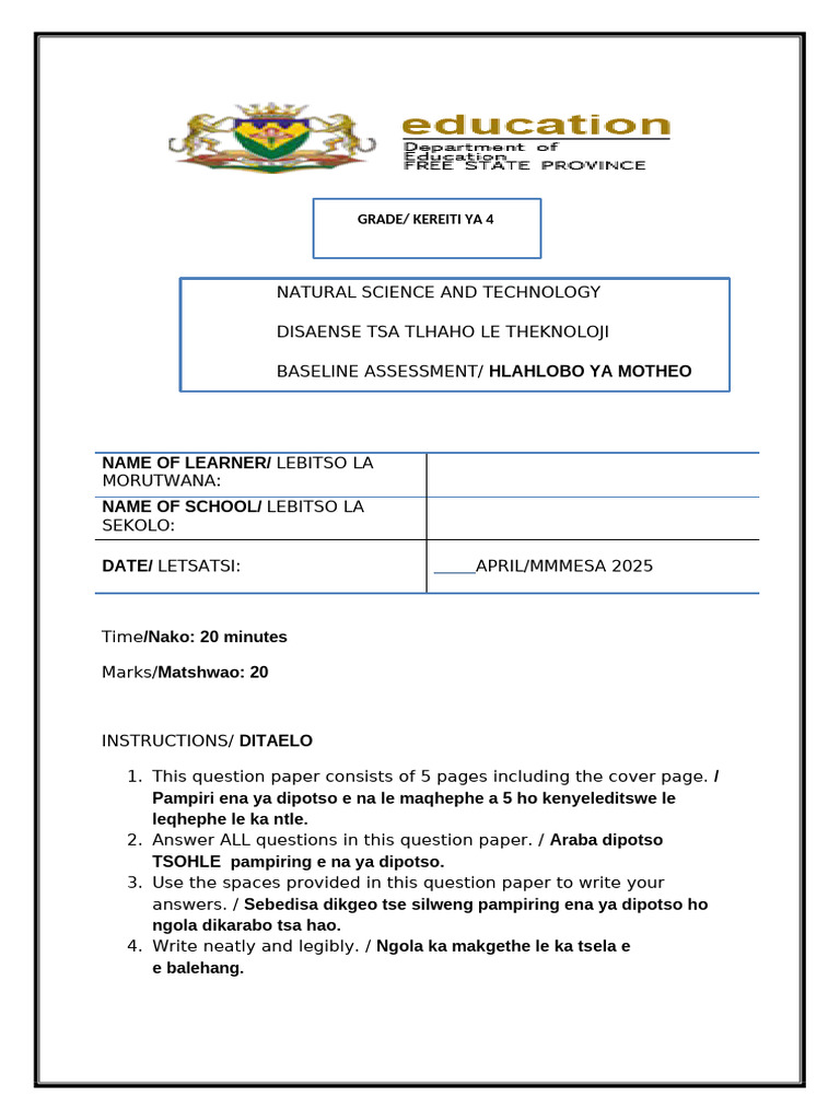 Grade 4 Baseline Nstech Sesotho | PDF | Physical Chemistry | Hydrology