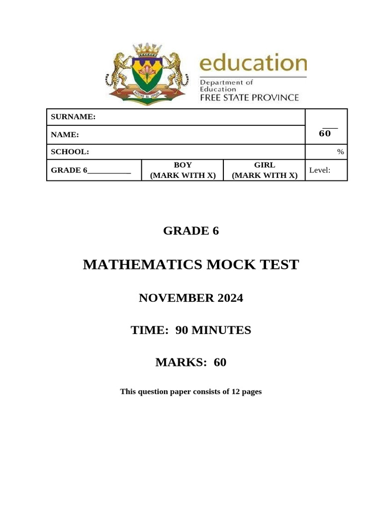 Grade 6 2024 November Mock Question Paper | PDF | Shape | Geometry
