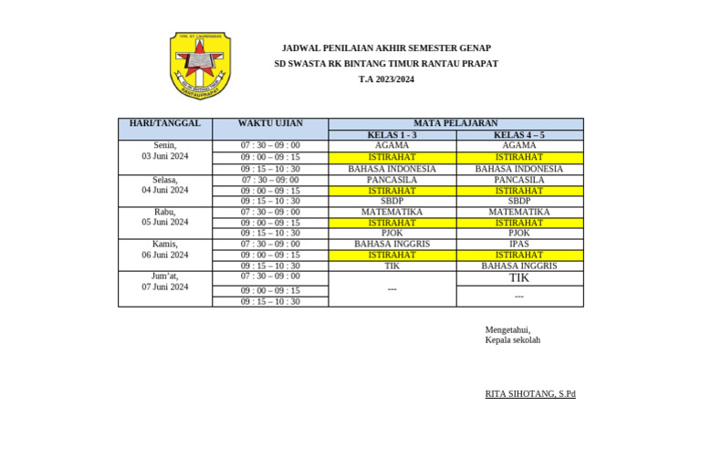 JADWAL PENILAIAN AKHIR SEMESTER GENAP | PDF