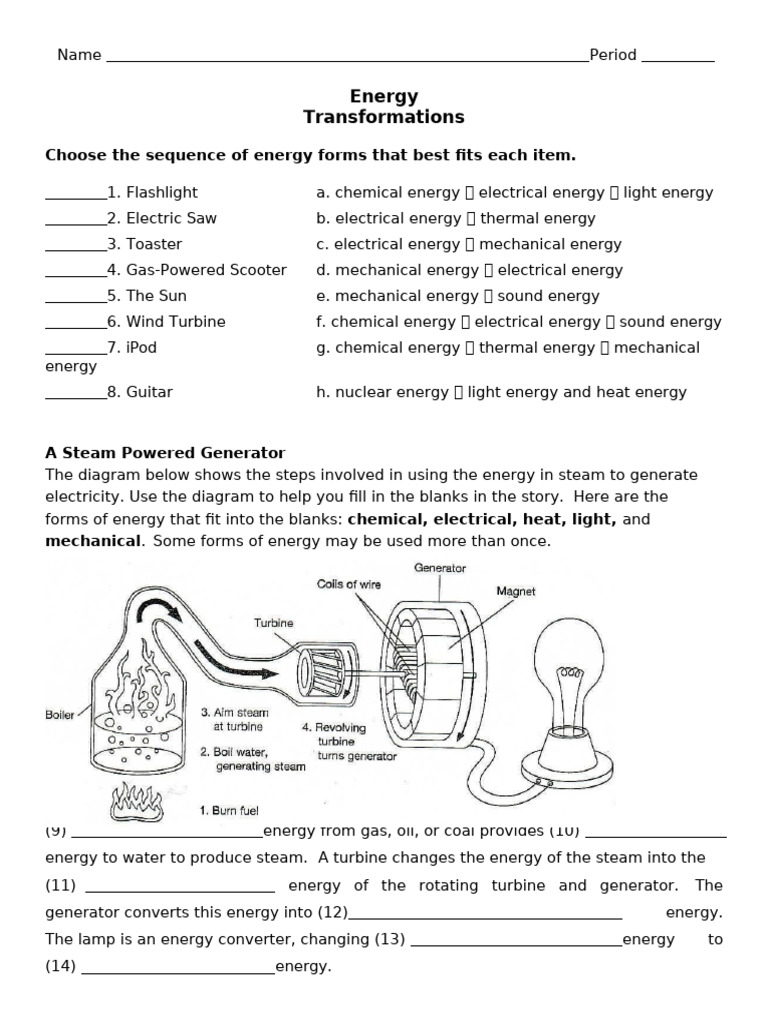 Energy Transformations Worksheet | PDF