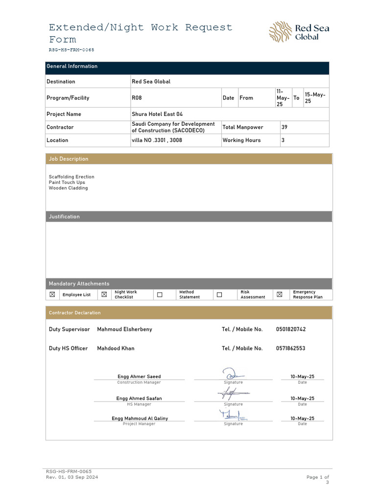 RSG-HS-FRM-0065 - Extended or Night Work Request Form HE04 - Week 18 ...