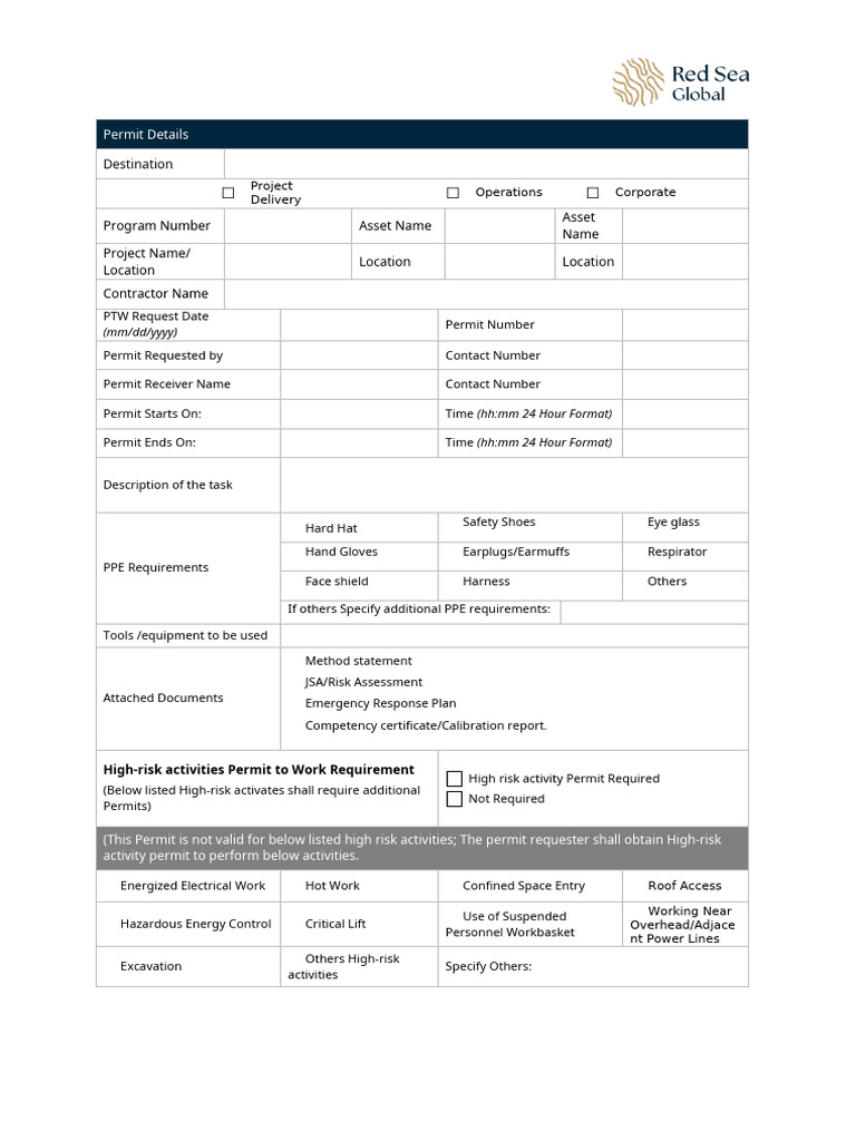 RSG-HS-FRM-0093 - General Permit To Work Form - 01 | PDF | Personal Protective Equipment | Labor ...