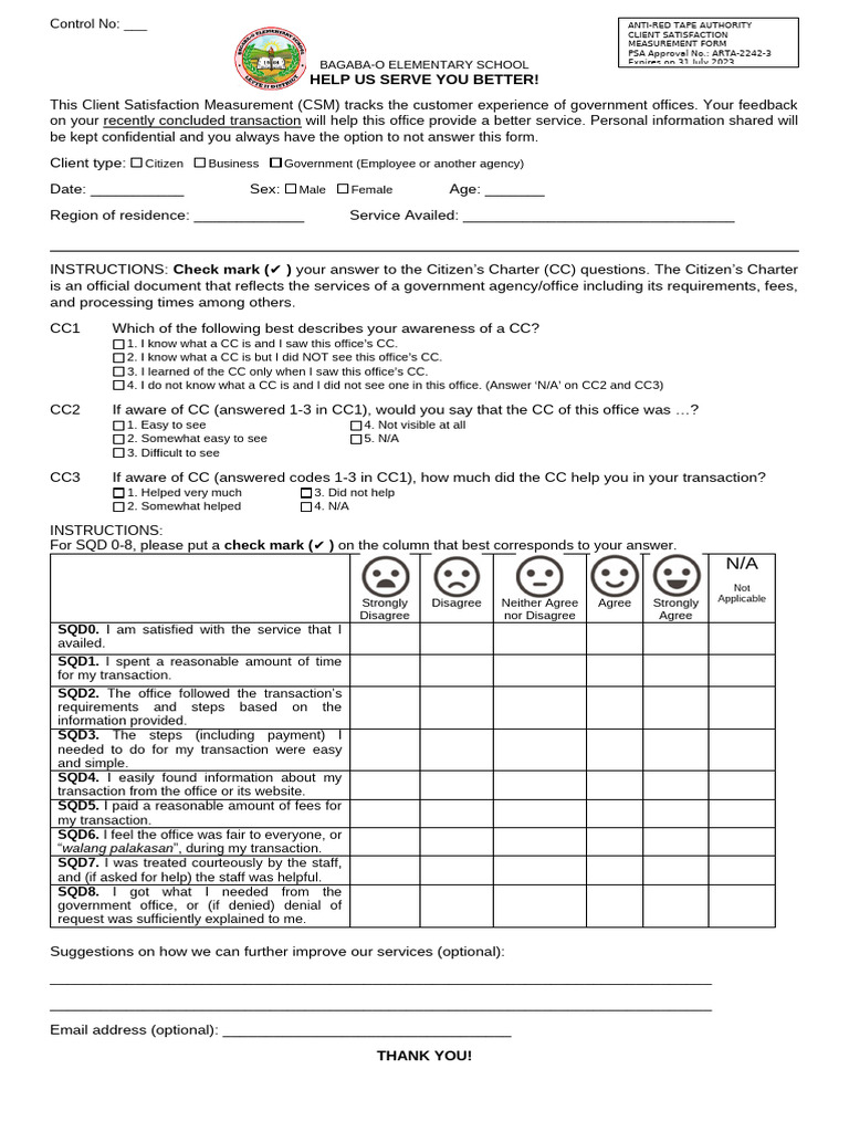 ARTA MC 2022 05 - Annex A. CSM Questionnaire | PDF