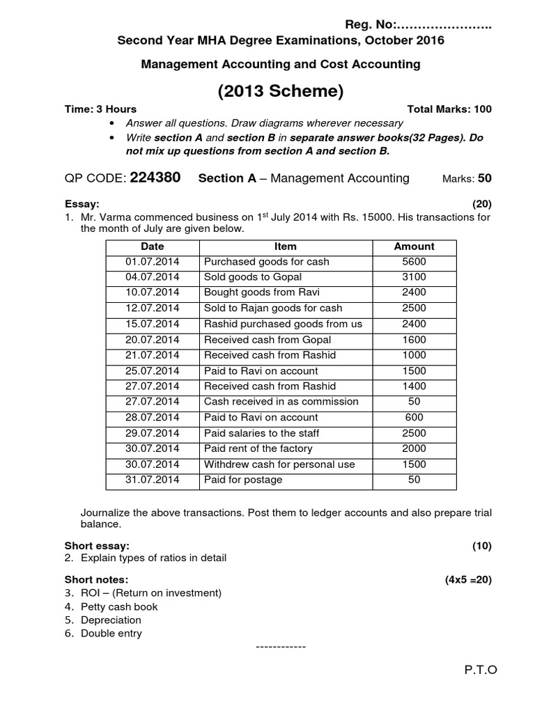 MHA Exam: Management & Cost Accounting | PDF | Financial Services ...