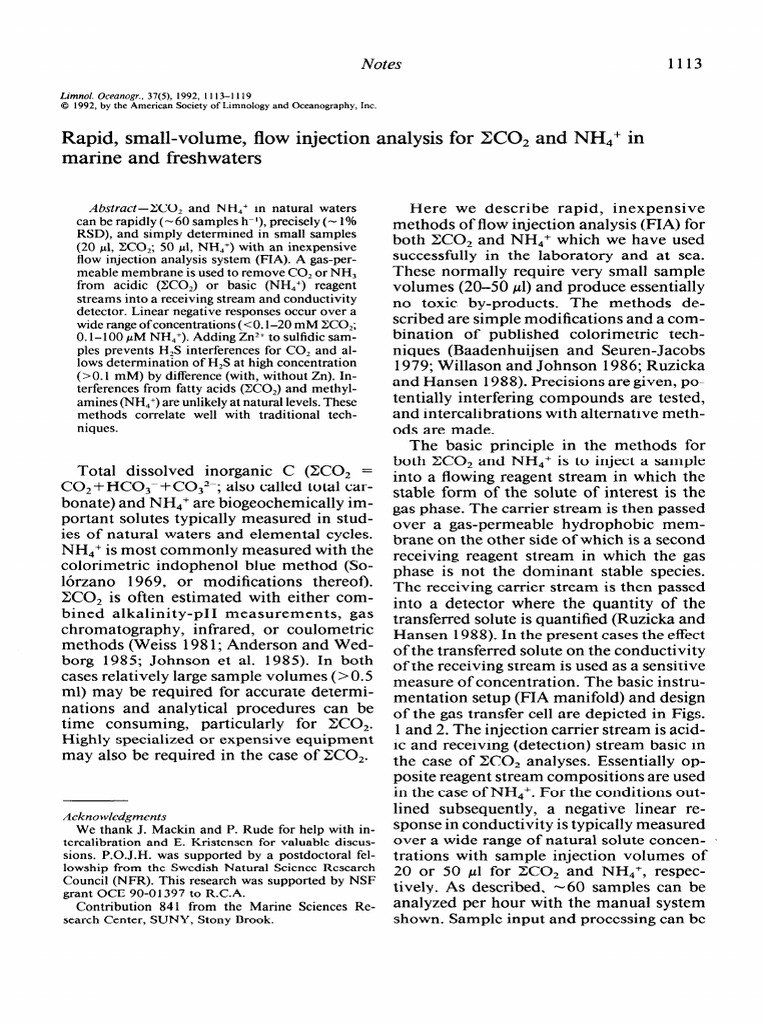 Limnology Oceanography - July 1992 - Hall - Rapid Small Volume Flow Injection Analysis For SCO2 ...