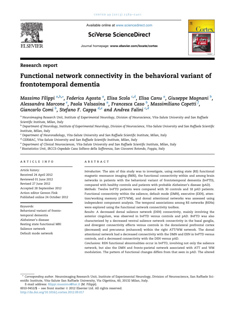 Functional Network Connectivity in The Behavioral Variant of ...