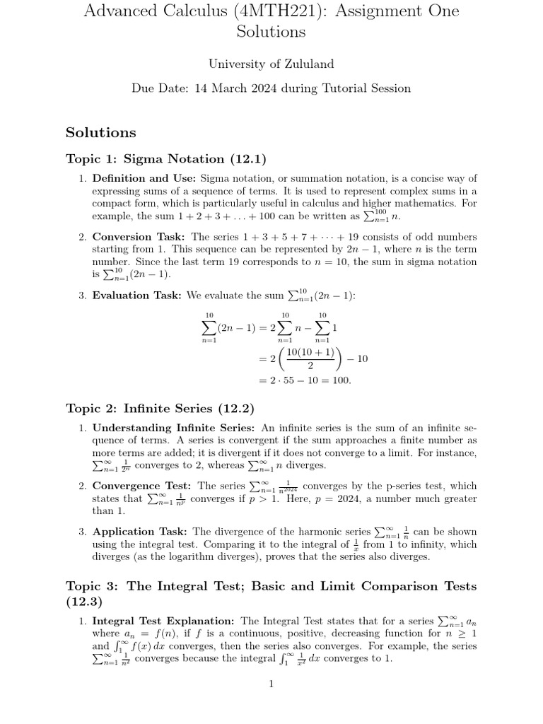 4MTH221 Assignment One Solns 2024 | PDF | Summation | Series (Mathematics)