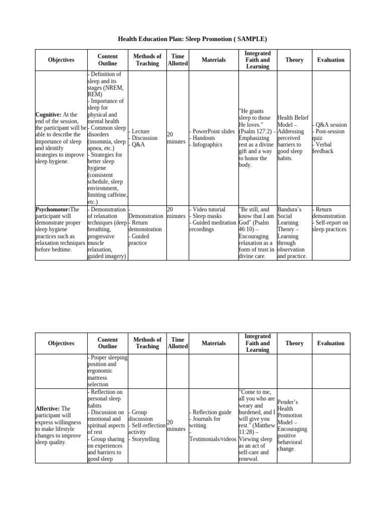Health Education Plan Sleep Promotion SAMPLE | PDF | Sleep | Psychology