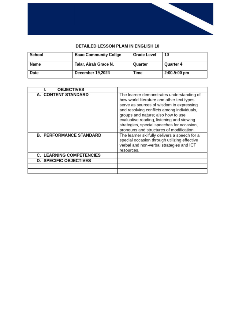 DETAILED LESSON PLAM IN ENGLISH 10 | PDF