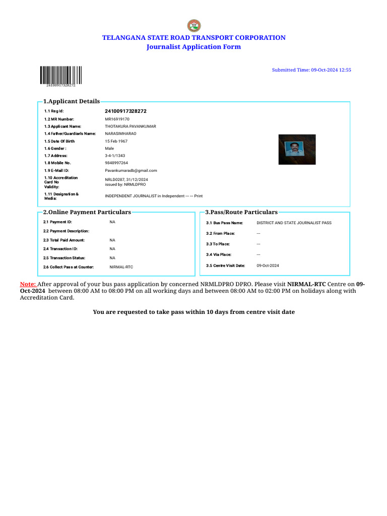 Telangana Journalist Bus Pass Application | PDF