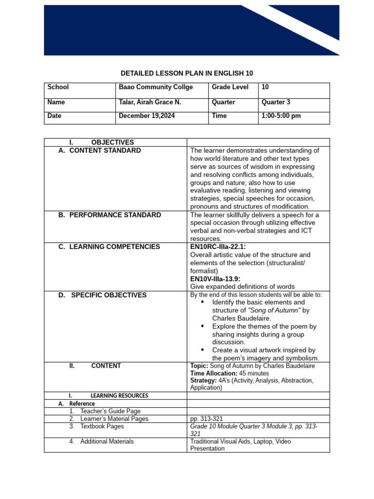 Detailed Lesson Plan in English 10 (Talar) | PDF | Lesson Plan | Learning