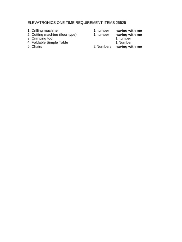 Elevatronics One Time Requirement Items 25525 | PDF