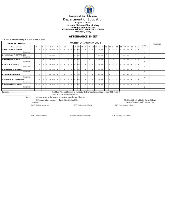 Attendance Sheet - December 23 | PDF | Leave Of Absence