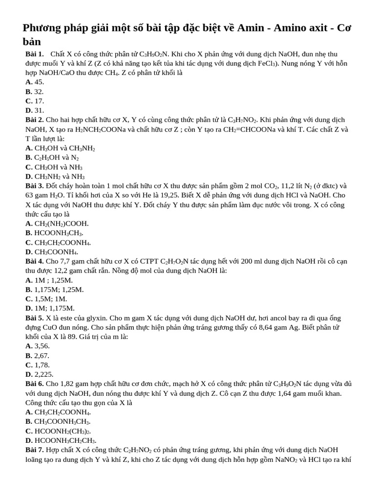 Phuong Phap Giai Mot So Bai Tap Dac Biet Ve Amin Amino Axit Co Ban File Word Co Loi Giai | PDF
