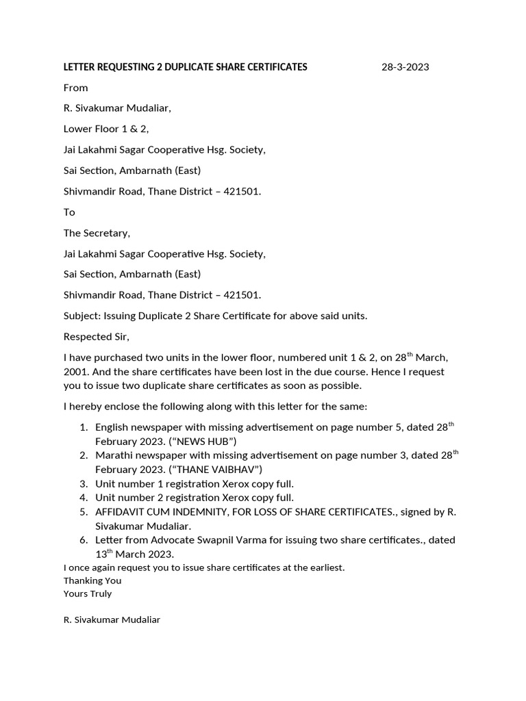 Letter Requesting 2 Duplicate Share Certificates 1092024 | PDF