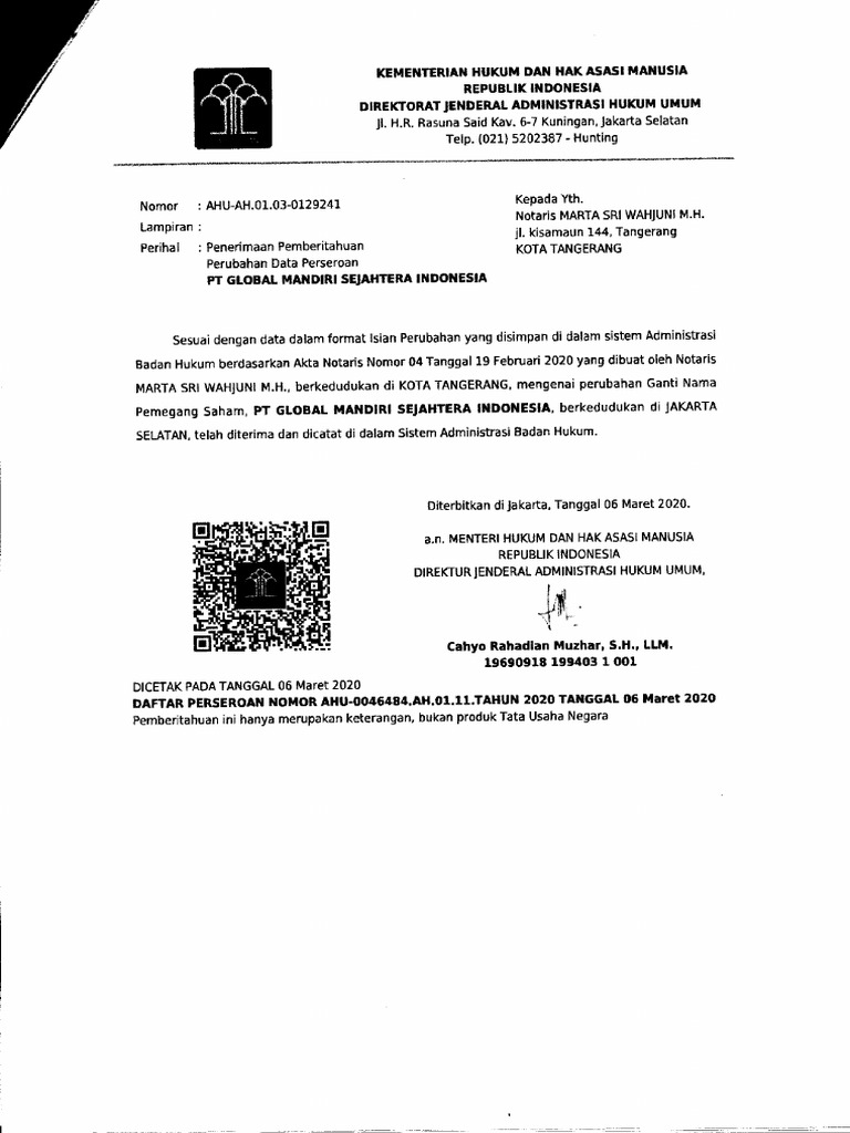 Contoh SP Menkumham Perubahan Data PT - Ke-4 | PDF