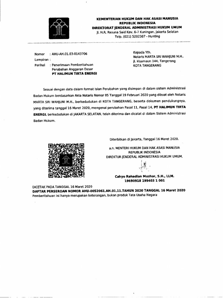 Contoh SP Menkumham Perubahan Ad PT | PDF