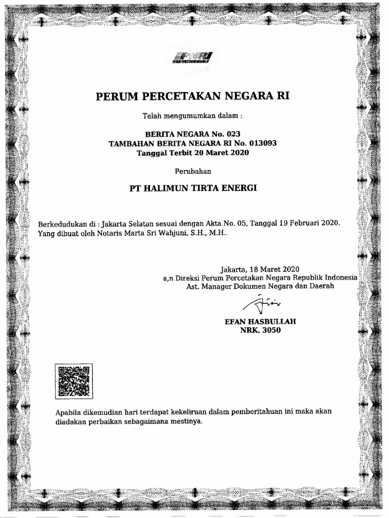 Contoh Sertipikat Bnri Tbnri Perubahan Ad PT | PDF