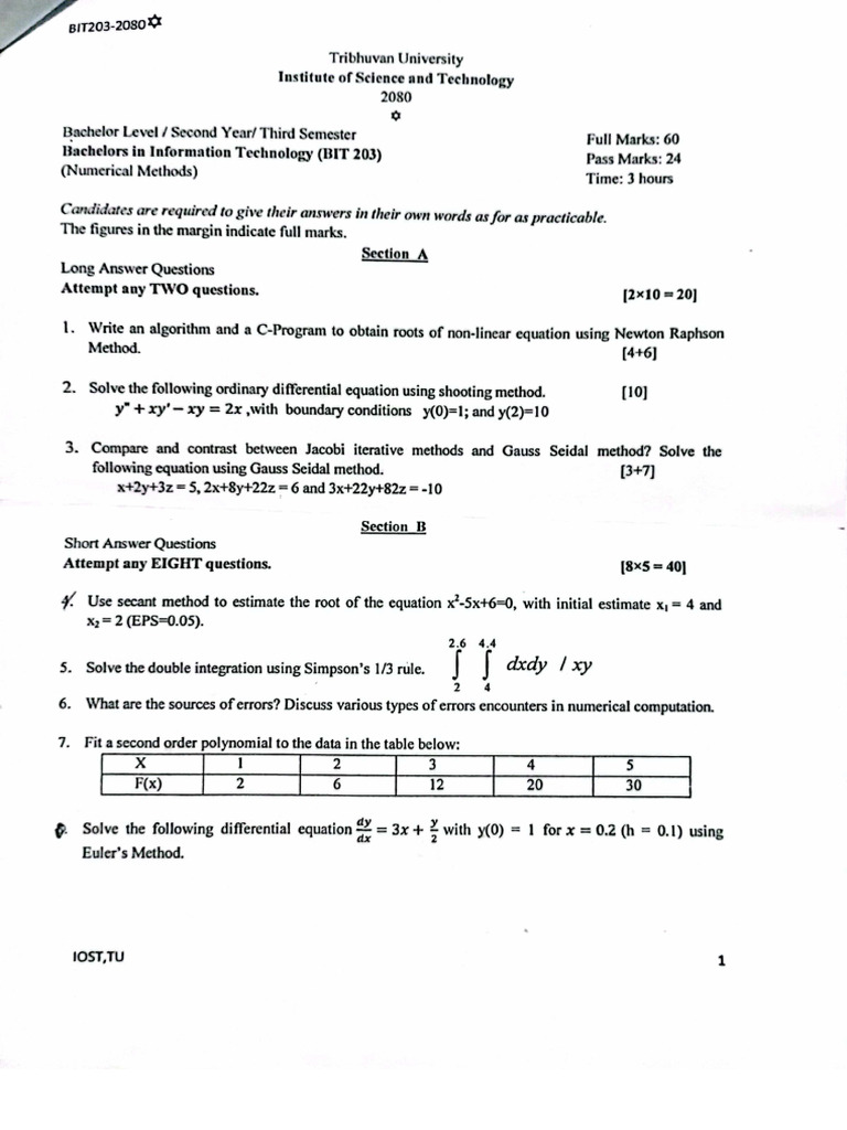 BIT 203 - Numerical Methods 2080 | PDF