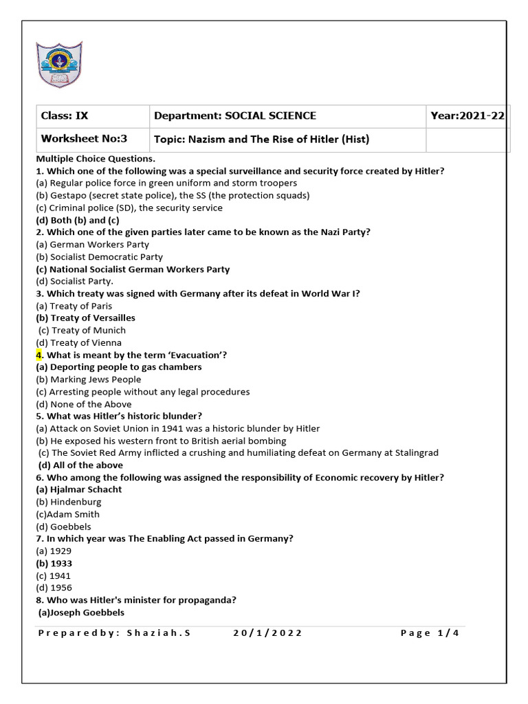 811449-WS. Class - IX. Chapt. 3. Nazism and The Rise of Hitler (Hist) (With Answers) Shaziah ...
