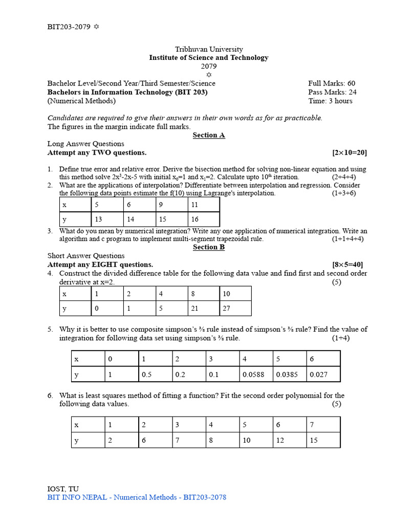 BIT INFO NEPAL - Numerical Methods - BIT203-2079 | PDF | Numerical Analysis | Algorithms
