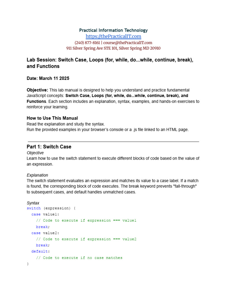December 2024 Class - Switch, Loops, and Functions | PDF | Control Flow ...