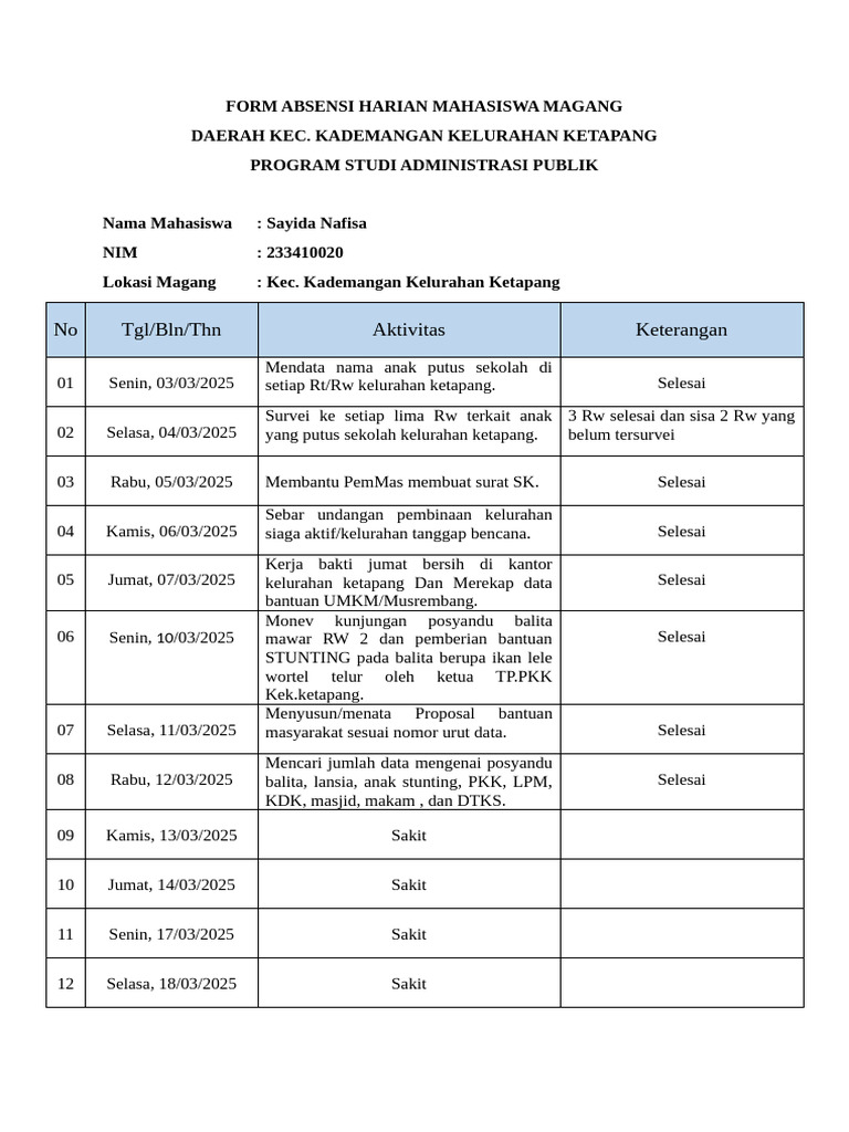 Form Aktivitas Selama Magang | PDF