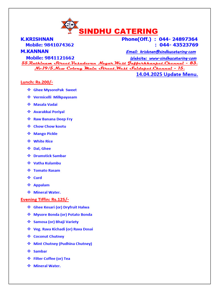 Sindhu Catering 2025 Menu (English) | PDF | Chutney | Pickling