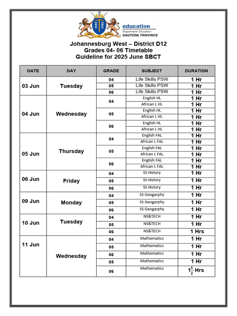 2025 June Timetable for Grades 4-6 | PDF