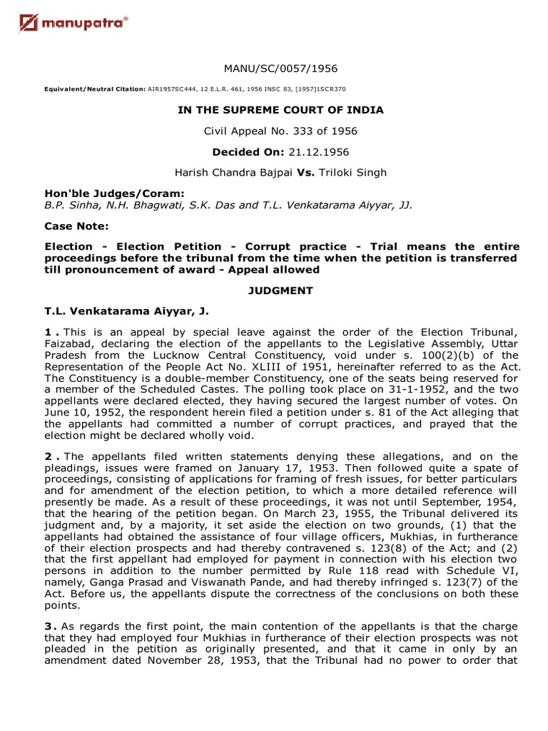 Harish Chandra Bajpai Vs Triloki Singh 21121956 Ss560057COM755892 | PDF | Statutory ...