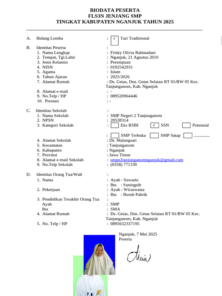 Form Biodata FLS3N 2025 Tari | PDF