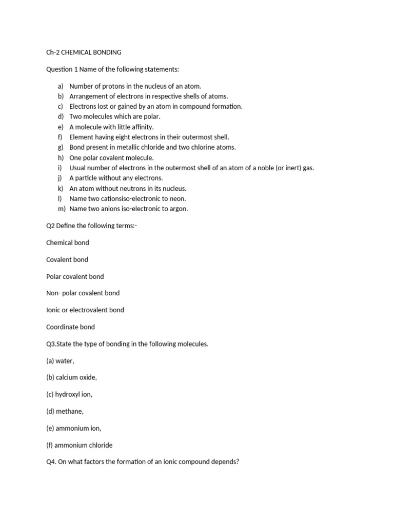 Ch-2 CHEMICAL BONDING Practice Work | PDF | Chemical Compounds ...