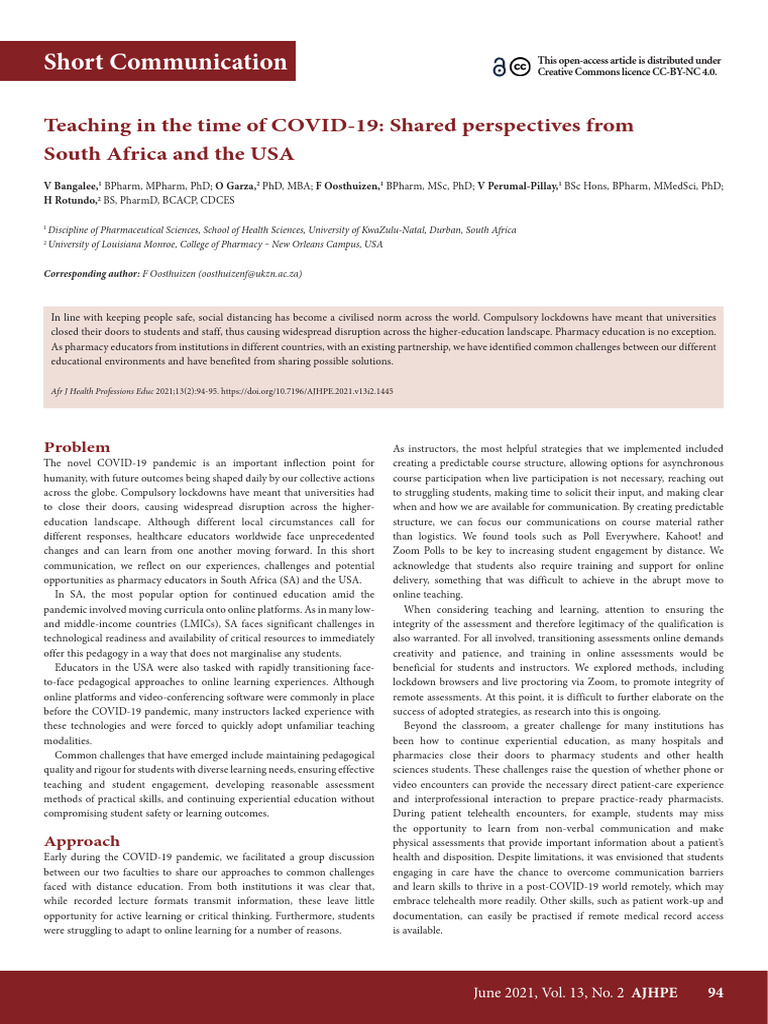 Short Report: Lessons Learnt From Transitioning To Emergency Remote ...