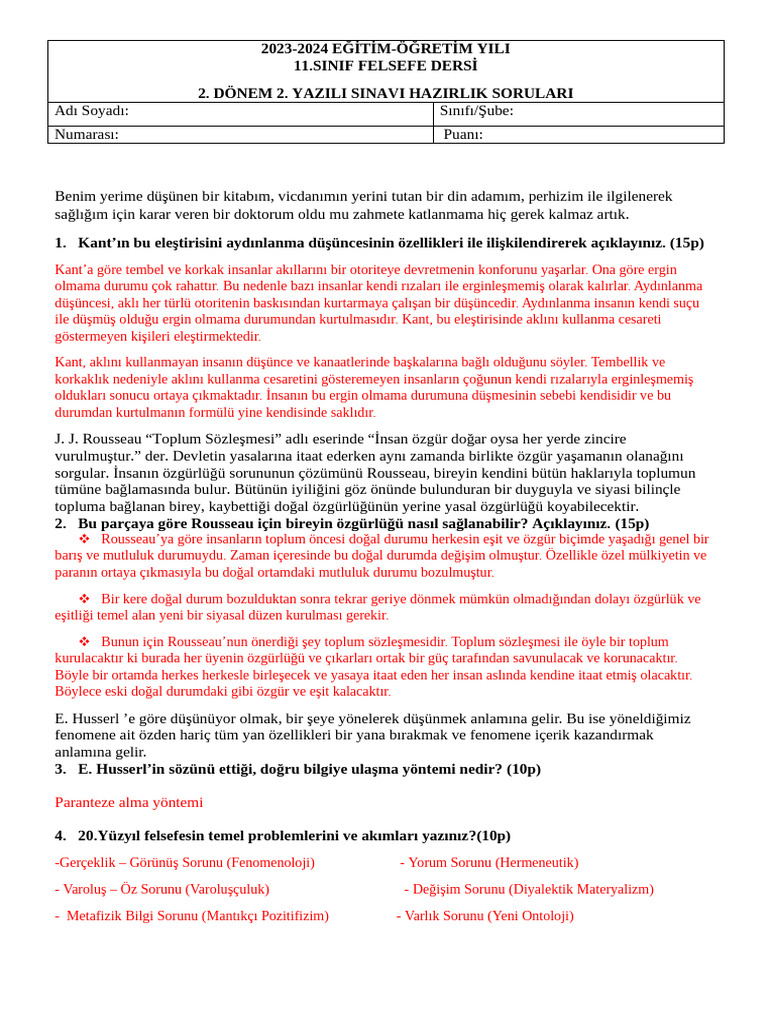 11.SINIF-FELSEFE-SINAVI HAZIRLIK SORULARI | PDF