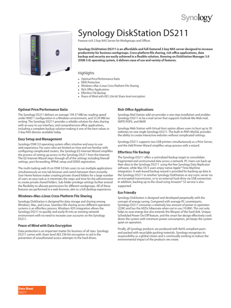 Synology DS211: 2-Bay NAS Overview | PDF | Microsoft Windows | Backup