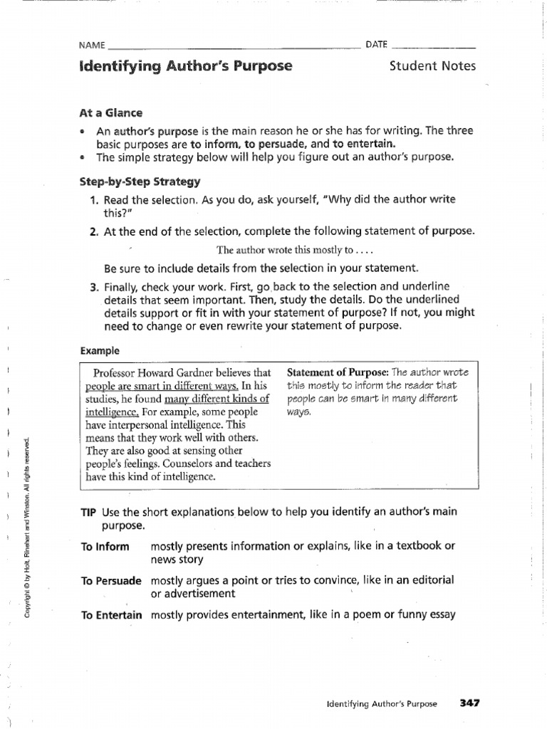 Authors Purpose Worksheet | PDF