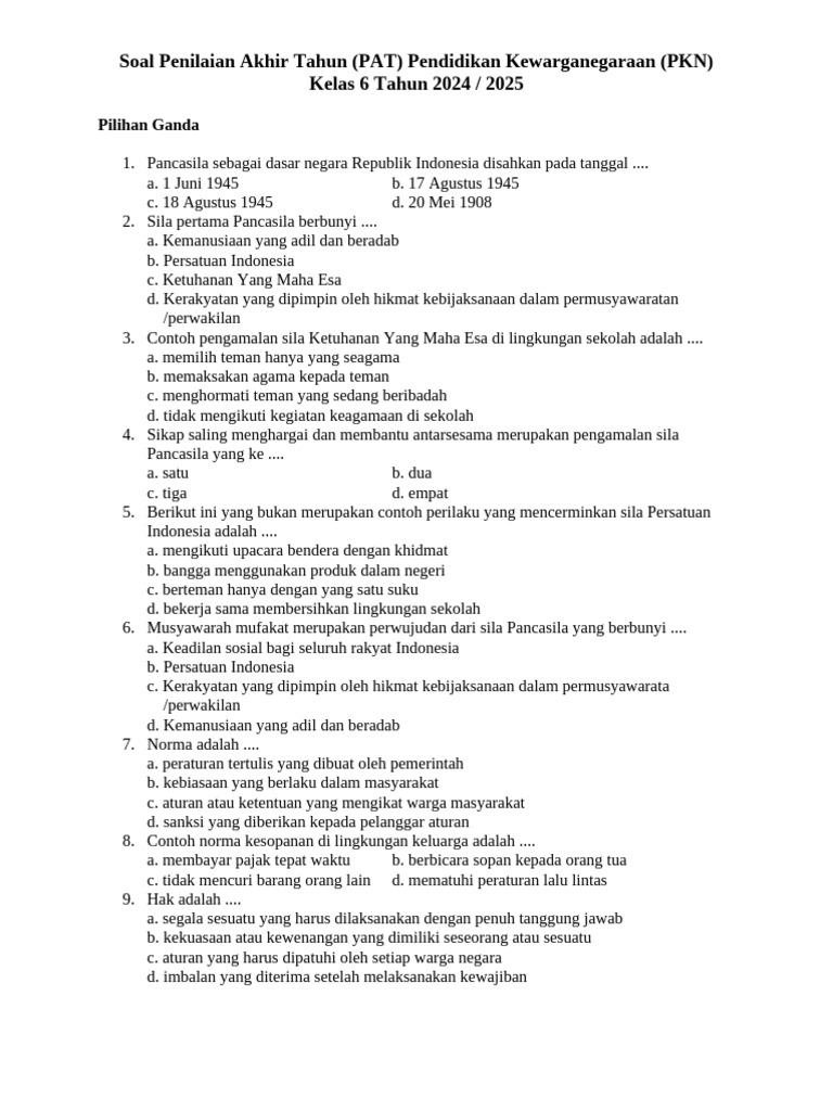 SOAL PAT PKN KELAS 6 | PDF