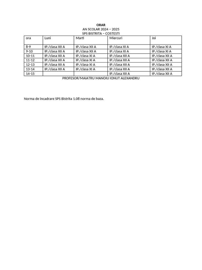 Horario Escolar 2024-2025 SPS Bistrita | PDF