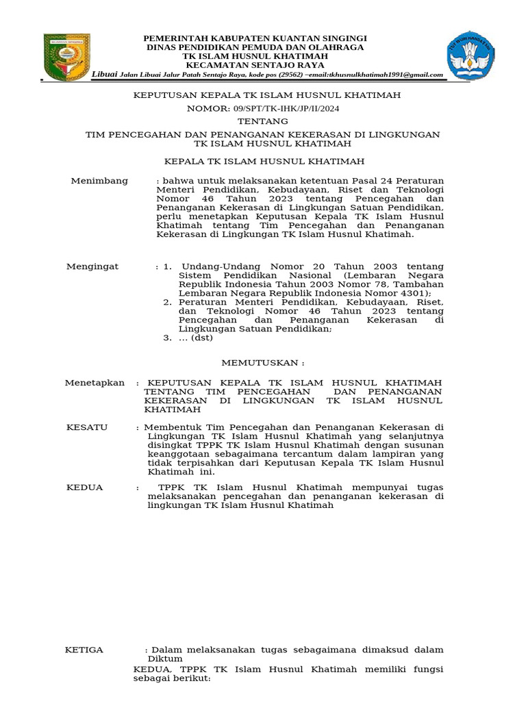 Lampiran 2_ Contoh SK Kepala Satuan Pendidikan Pembentukan TPPK- BU MEL ...