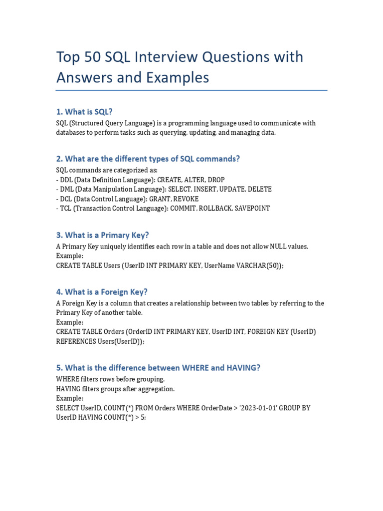 Top 50 SQL Interview Questions 1747586759 | PDF | Sql | Databases