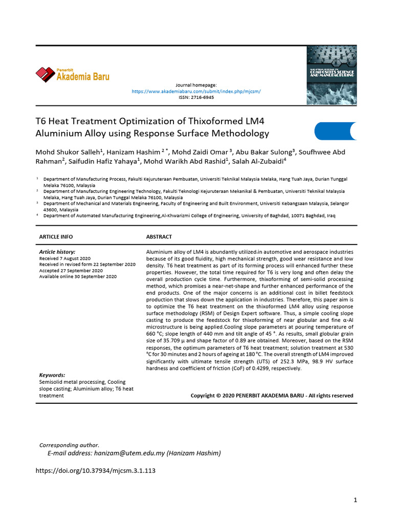 T6 Heat Treatment Optimization of Thixoformed LM4 Alluminium Alloy Using Response surface ...