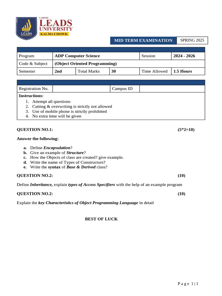 OOP - Question Paper (Spring) | PDF