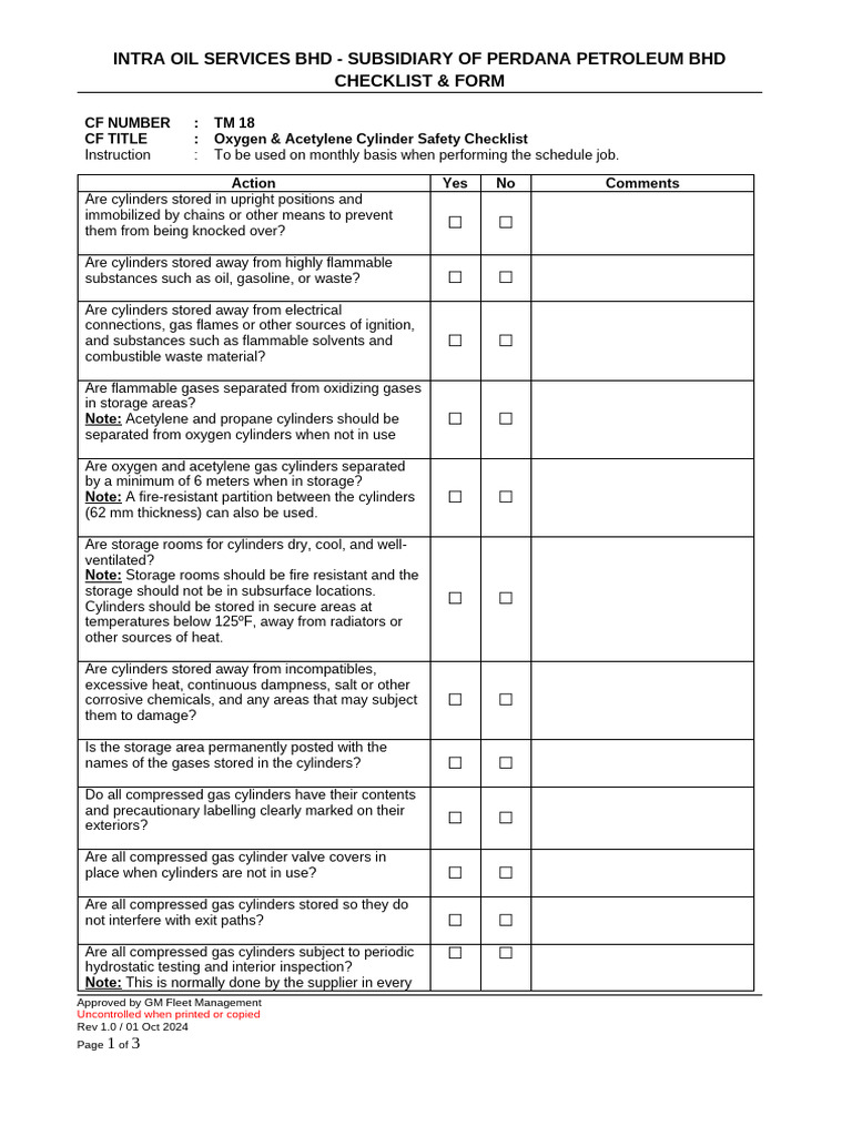 TM18. Oxygen & Acetylene Cylinder Checklist | PDF | Valve | Oxygen