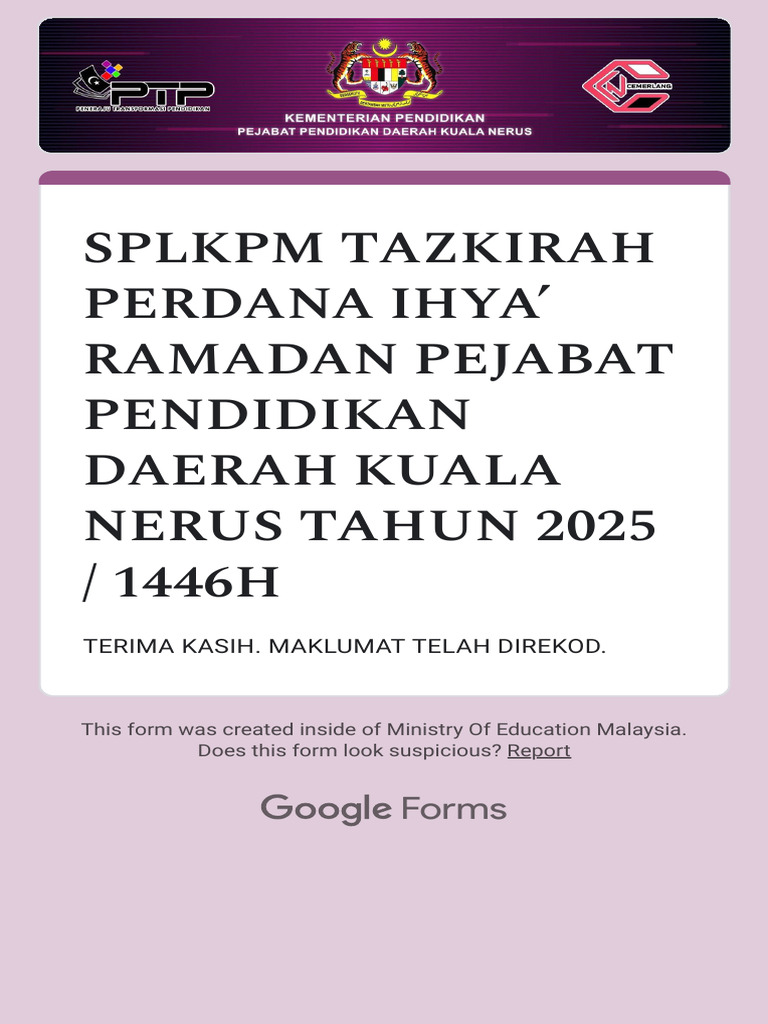 SPLKPM Tazkirah Perdana Ihya' Ramadan Pejabat Pendidikan Daerah Kuala Nerus Tahun 2025 1446h | PDF
