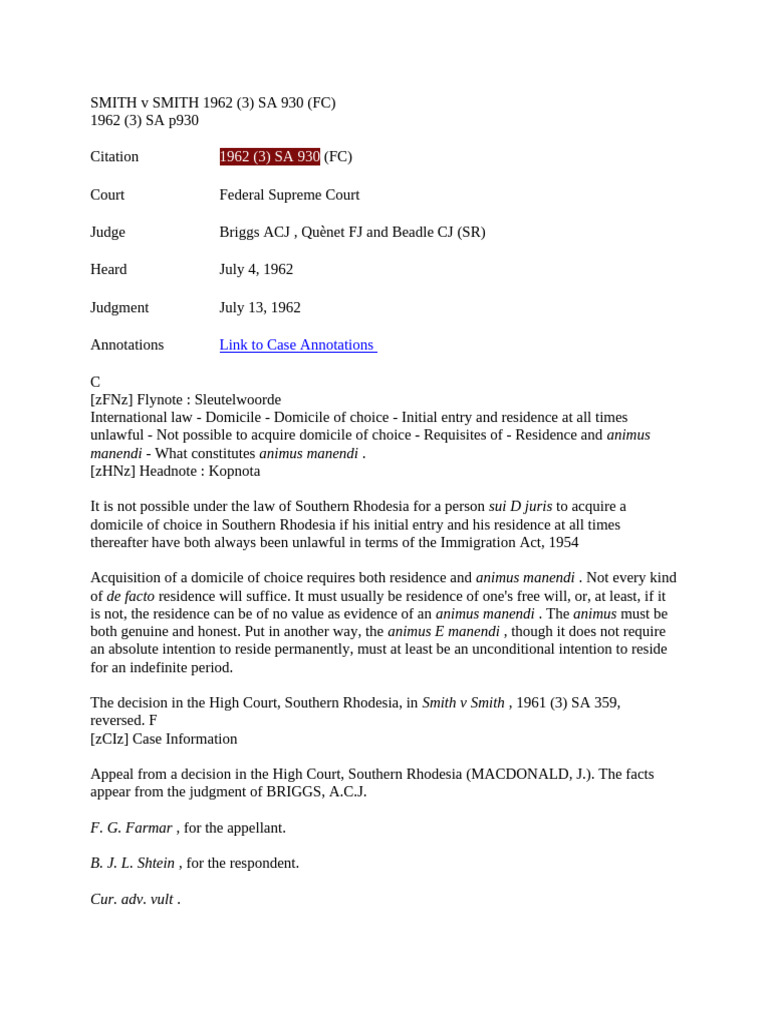 SMITH V SMITH 1962 Domicile of Choice | PDF | Domicile (Law) | Common Law