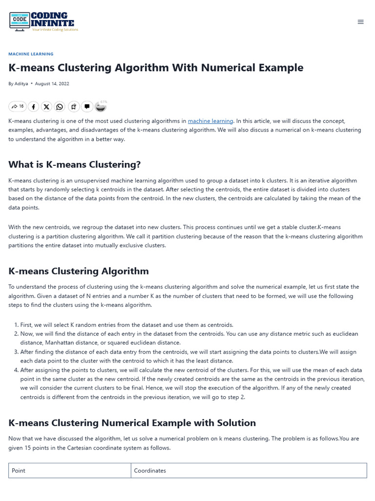 K-Means Clustering Algorithm With Numerical Example | PDF | Cluster Analysis | Theoretical ...