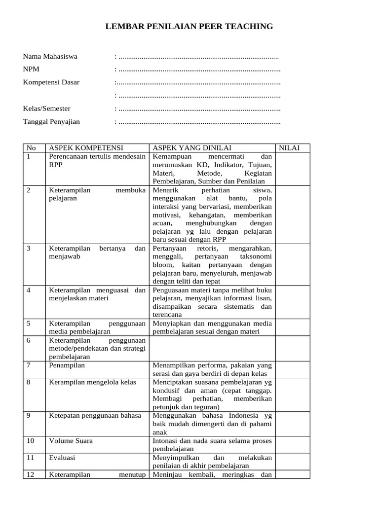Lembar Penilaian Peer Teaching | PDF