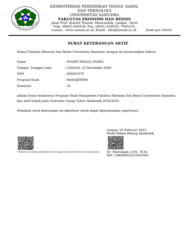 Surat Aktif - SYARIF KHALIL PASHA | PDF