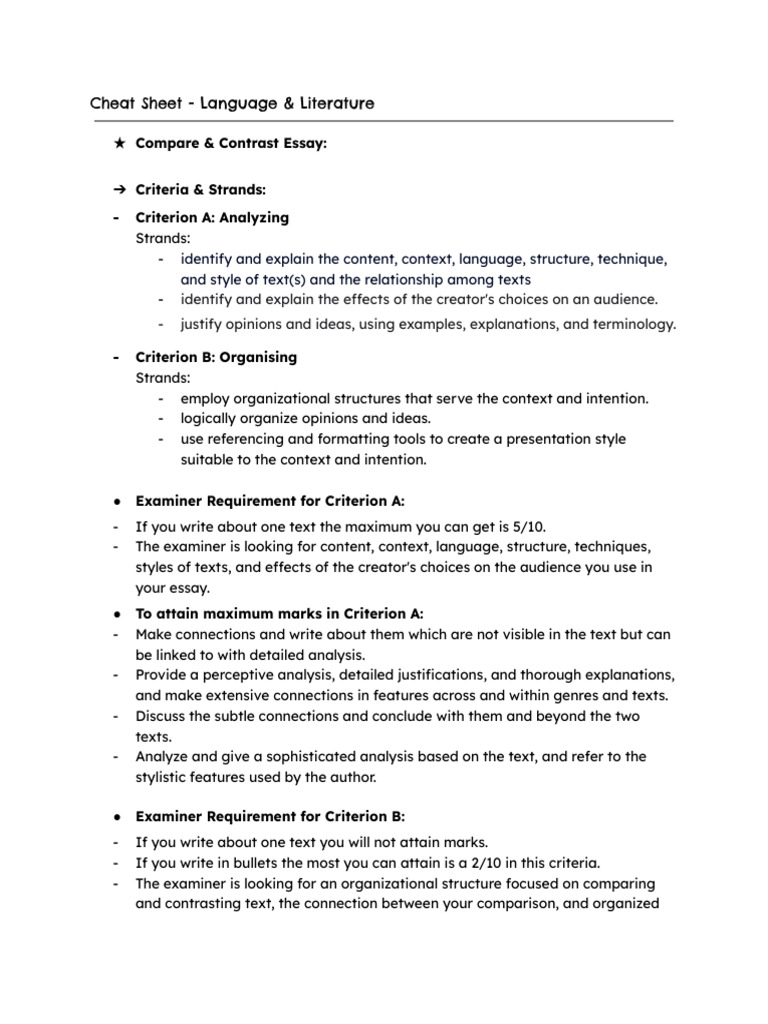 Cheat Sheet - Language & Literature - Compare & Contrast Essay | PDF ...
